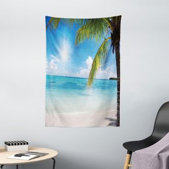 Abakuhaus Strand Wandteppich, Tropische Küste Palmen, Wohnzimmer Schlafzimmer Heim Seidiges Satin Wandteppich, 100 x 150 cm, Farngrün Himmelblau Perle