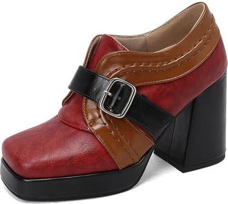Generic Mocassins &agrave; Plateforme Large Femme Bout Carr&eacute; Talon Bloc Bicolore en Similicuir pour Bureau, F&ecirc;te et Quotidien (Tailles Grandes Disponibles),Rouge,44 