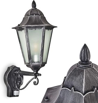 HOFSTEIN Außenwandleuchte Lignac Frost m. Bewegungsmelder, Wandlampe aufwärts in antikem Look, Aluguß in Schwarz/Silber m. Milchglas-Scheiben, Wandleuchte für 