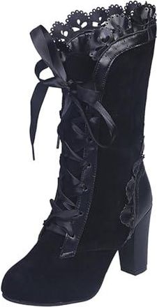 Generic Bottines &agrave; lacets pour femme - Talon bloc - Longueur mollet - Bottes victoriennes - Coupe large - Gothique Steampunk, a noir, 37.5 EU