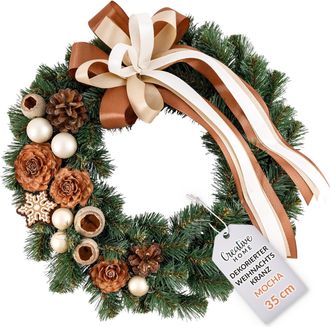 Creative Home Weihnachtskranz Mokka Türkranz Weihnachten Tannenkranz Künstlich | Durchmesser 35 cm | Adventskranz für Haustür Wand Tisch | Indoor & Outdoor | Weihna