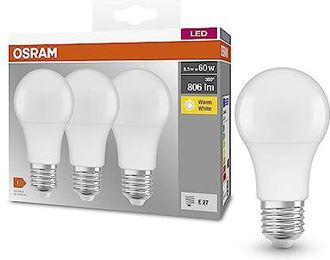 Osram Base Classic A 60 Fr LED lampe avec base E27, forme de piston, 3 pack, 8,5 W, 806lm, 2700k, lumière blanche chaude, développement de la chaleur inféri