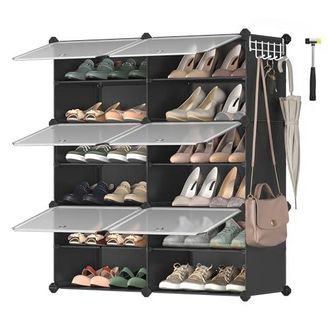 Songmics Schuhregal, Schuhschrank, f&uuml;r Garderobe und Eingangsbereich, anpassbar, 6 F&auml;cher, f&uuml;r bis zu 24 Paar Schuhe, tintenschwarz-transparent LPC033B01