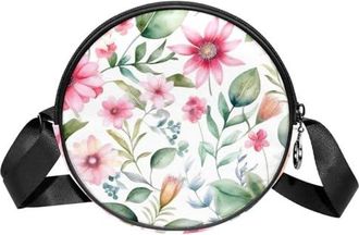 Generic Petit sac &agrave; bandouli&egrave;re circulaire pour femme, motif feuilles florales, sac &agrave; dos avec fermeture &eacute;clair, bretelles r&eacute;glables, sac &agrave; main rond d&eacute;contra