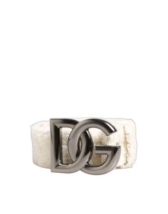 Dolce & Gabbana Womens White Cotton Fleece Dg Logo Metal Buckle Belt