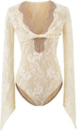 Generic YUJIEBB Body en dentelle au crochet double couche en relief pour femme avec noeud et col en V et manches &eacute;vas&eacute;es, extensible, coupe ajust&eacute;e, beige, M