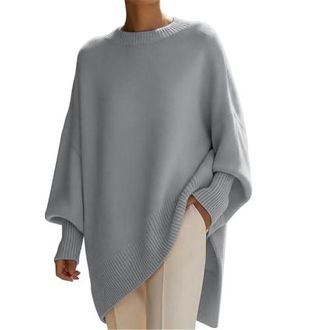 Generic Pull surdimensionn&eacute; &agrave; manches chauve-souris pour femme d&eacute;contract&eacute; col rond tendance pull ample en tricot c&ocirc;tel&eacute; doux et confortable, gris, XXL