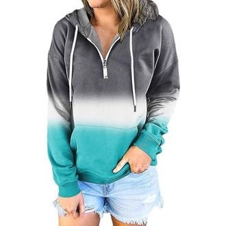 Generic Sweat &agrave; capuche tie-dye pour femme avec demi-fermeture &eacute;clair, d&eacute;contract&eacute;, l&eacute;ger, tendance, &agrave; manches longues avec poches, Gris Bleu Vert, XXL