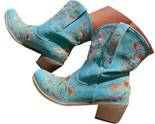 Generic Bottes de cowboy pour femmes, bottes de cowgirl vintage &agrave; bout pointu et &agrave; talons mi-hauts, bottes de cowgirl &agrave; bout pointu &agrave; mollet large, bottines c
