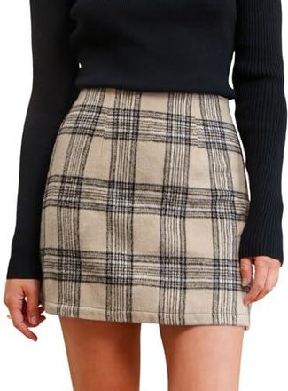 Cupshe Jupe pour femme &agrave; taille haute &agrave; carreaux moulante Tube crayon mini jupe courte, beige, L