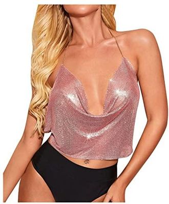 Generic D&eacute;bardeur dos nu pour femme, haut court &agrave; paillettes pour femme, coupe ample, gilet brillant, dos nu, l&eacute;ger, costume de danse du ventre, tenue de fest
