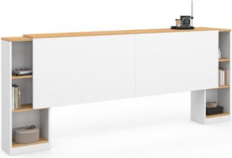 IDMarket Kopfteil auf Fuß, ausziehbar, mit ausziehbaren Nachttischen CATBA, für Betten mit 140 und 160 cm, Weiß und Holzoptik