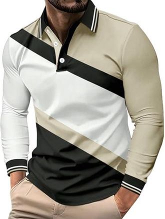 Generic Polo &agrave; manches longues pour homme - Rayures de couleur unie - Haut de golf pour homme - Col montant - Boutonn&eacute; - Style d&eacute;contract&eacute; - Polos tendance po