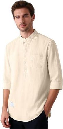 Generic Chemise en lin &agrave; manches 3/4 pour homme, chemise d&eacute;contract&eacute;e unie intelligente Henley d&eacute;contract&eacute;e classique avec poche, hauts &agrave; col tendance, v&ecirc;teme