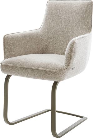 DELIFE Schwingstuhl Heira-Flex mit Armlehnen Freischwinger flach Effektfinish Titan Webstoff Soft Beige Taschenfederkern