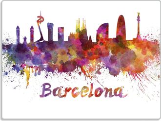 Wallario Glasunterlage/Schneidebrett aus Glas, Städte als Aquarell - Skyline von Barcelona, Größe 30 x 40 cm, Kratzfest, aus Sicherheitsglas