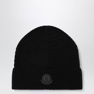 Moncler Schwarze Wollm&uuml;tze mit Logo-Patch