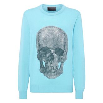 Philipp Plein Homme, Pulls, Bleu, Taille: 2XL Cashmere Pullover Round Neck LS Iconic Plein with Crystals