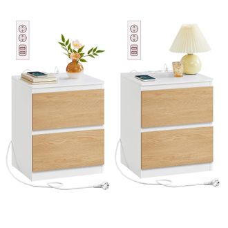 Vasagle Kailyn Kollektion - Nachttisch mit Steckdosenleiste, 2er Set, Beistelltisch 2 Schubladen, 2 AC-Steckdosen, 2 USB-A-Anschlüsse, für Schlafzimmer, mande