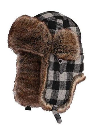 Insun Unisex Chapka Anti Vent Casquette dhiver Chapeaux avec Bordure en Fourrure Bonnet de Russie Plaid Gris L Chapkas circonférence 56cm