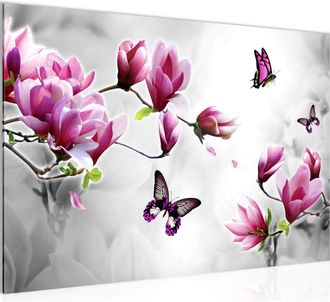 Runa Art Bild Blumen Magnolien Modern Wandbilder Wohnzimmer 1 Teilig - Made In Germany - Schmetterling Grau Rosa Flur 036915a