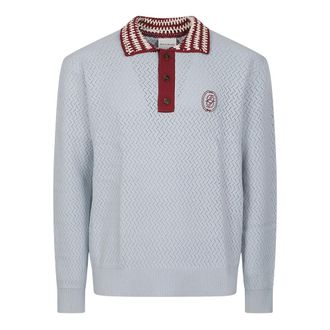 Dr&ocirc;le de Monsieur Besticktes Logo Langarm Openwork Strick-Poloshirt - - Tops - Herren - Blau - M