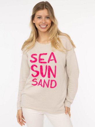 Zwillingsherz Sweater Sea Sand Sun Flock-Print, ausgefranster Rundhalsausschnitt, Langarm
