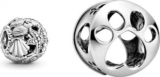 Pandora Offen gearbeitetes Seestern, Muschel und Herzen Charm Silber, 11 x 11 x 9,8 mm & Offen gearbeiteter Hundepfotenabdruck Charm Sterling-Silber 9 x 11,5 