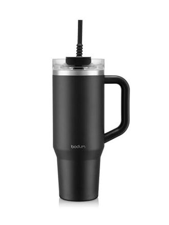 Bodum Travel Mug Tumbler 1.2 L Black Beauty - Metal Water Bottle with Straw, Handle and Lid - Dishwasher Safe - For Cold Drinks and Warm Coffee