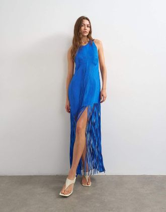 Topshop Robe longue en satin de viscose de qualit&eacute; sup&eacute;rieure avec appliqu&eacute;s cousus &agrave; la main et franges - Bleu de cobalt