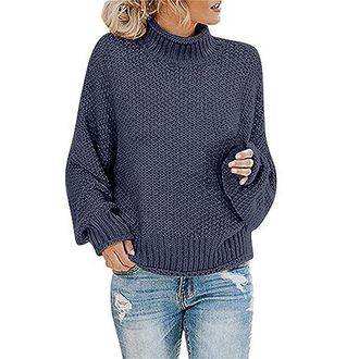 Generic Pull pour femme en tricot &eacute;pais &agrave; col haut en coton doux confortable d&eacute;contract&eacute; classique &eacute;l&eacute;gant pour lautomne et le quotidien, bleu marine, XXXXXL