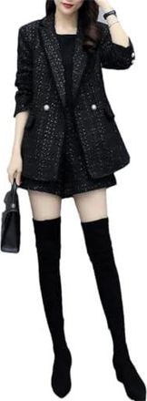 Generic Ensemble 2 pièces pour femme - Style vintage - En tweed - Élégant - Ample - Vestes et shorts - Noir, Noir, 3XL