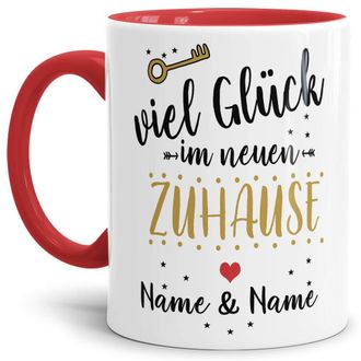 Tassendruck Tasse mit Spruch Viel Gl&uuml;ck - Innen & Henkel Rot/Zuhause/Eigenheim/Geschenk-Idee/Personalisierbar/Individuell