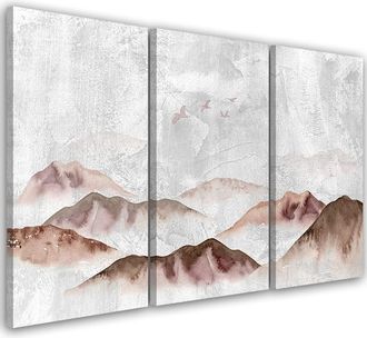 Feeby 3-teilig Leinwandbild XXL 120x80 cm Landschaft Abstraktion Berge Wandbild Kunst Bilder Schlafzimmer Deko Wohnzimmer V&ouml;gel Textur Grau