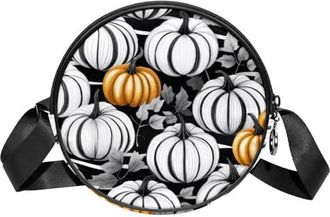 Generic Petit sac &agrave; bandouli&egrave;re rond pour femme, motif citrouilles avec fermeture &eacute;clair, bretelles r&eacute;glables, sac &agrave; main rond d&eacute;contract&eacute; pour femmes et fill
