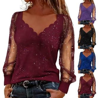 Generic Chemisiers habill&eacute;s et d&eacute;contract&eacute;s - Chemisiers scintillants pour femmes - Chemise &agrave; manches longues et col en V - Haut tendance pour les sorties en 