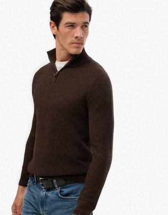Superdry Pull en coton textur&eacute; &agrave; demi-fermeture &eacute;clair - Marron fonc&eacute;/Noir-Brown