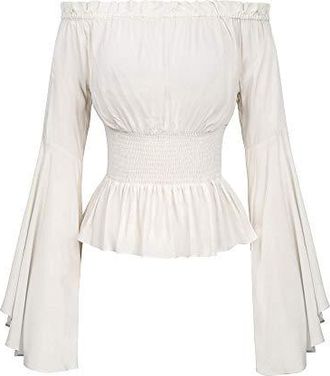 ShiFan Costume M&eacute;di&eacute;val Femme Chemise De Fete &Agrave; Manches Longues Et &Eacute;paules Nues Blanc M