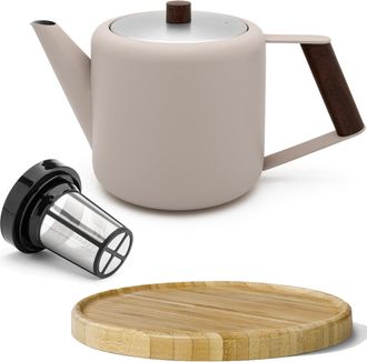 Bredemeijer doppelwandige Retro Teekanne 1.1 Liter beige - mit braunem Holz-Untersetzer & Edelstahl-Tee-Filter Sieb-Einsatz - isolierende Kanne aus Edelstahl