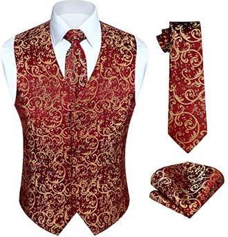 Hisdern Homme Gilet Costume Paisley Floral Jacquard Gilets Sans Manche Homme Cravate Poche Carre Mouchoir Gilets Bourgogne XXL