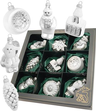 Krebs Glas Lauscha Weihnachtsdekoration/Christbaumschmuck aus Glas - Gemischte Formen & Figuren - Farbe: Silber - Menge: 9 Stück - Größe: ca. 6-8 cm