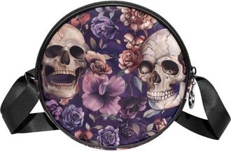 Generic Petit sac &agrave; bandouli&egrave;re circulaire pour femme, motif cr&acirc;nes, petit sac &agrave; dos &agrave; bandouli&egrave;re avec fermeture &eacute;clair, bretelles r&eacute;glables, sac &agrave; main rond