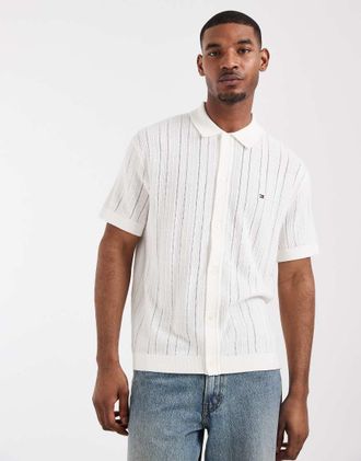 Tommy Hilfiger Kurz&auml;rmliges Hemd aus Pointelle-Strick in Wei&szlig;