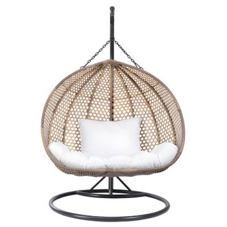 Vente-Unique Fauteuil suspendu 2 places en r&eacute;sine tress&eacute;e - Beige et coussin blanc - VAHINA de MYLIA