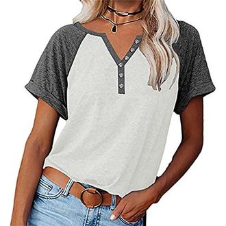 Generic Womens Color Block Oversized Short Sleeve V Neck Button Tops Basic Solid Color Tee Shirts Tunics Blouses