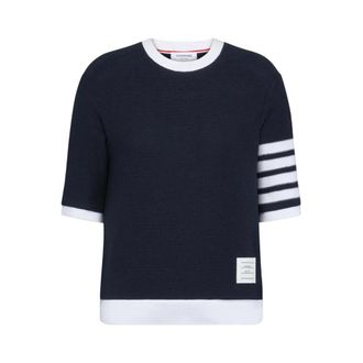 Thom Browne Texturiertes Baumwoll-Piqu&eacute; 4-Bar T-Shirt - - Knitwear - Damen - Blau - 2XS