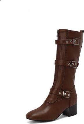 Generic Bottes Hautes Chics pour Femmes Spécial Triple Boucle Décor Bout Rond Talons Bas Bloc Élégant Décontracté Fête Chaussures Quotidiennes,Marron,45 EU