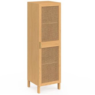 IDMarket Idmarket - Armoire de rangement 1 porte 3 &eacute;tag&egrave;res en bois et cannage - Dimensions 38x39,5x132 cm - Style moderne pour int&eacute;rieur contemporain