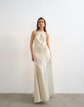 Topshop Neckholder-Maxikleid mit kontrastierendem Streifenmuster und Punktemuster und Spitzeneinsatz-Neutral
