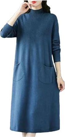 Generic Robes Longues pour Femmes Automne Hiver Pull en Tricot Col Mi Haut Surdimensionné Robe De Bureau Blue 4XL